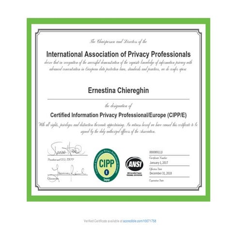 10071758 IAPP CIPP-E certificate | PDF | Education