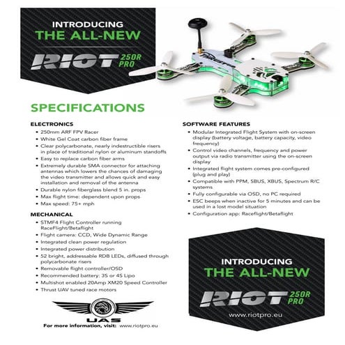 Riot 250R Pro Spec Sheet Distributed by UAS | PDF