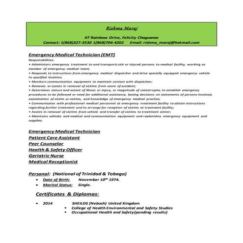 Rishma Final Resume 2014 trinidad | DOCX | First Aid | Injuries