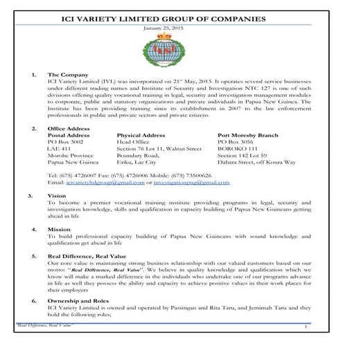 Company - Profile -ICI Variety Limited - Division Training | PDF