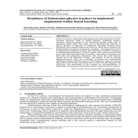 Readiness of Indonesian physics teachers to implement augmented reality ...