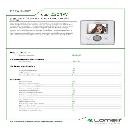 Comelit 6201W Data Sheet | PDF