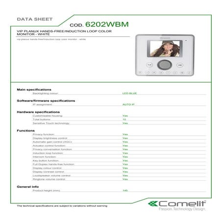 Comelit 6202WBM Data Sheet | PDF | Computer Peripherals | Computing