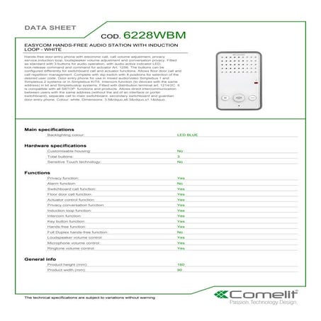 Comelit 6228WBM Data Sheet | PDF