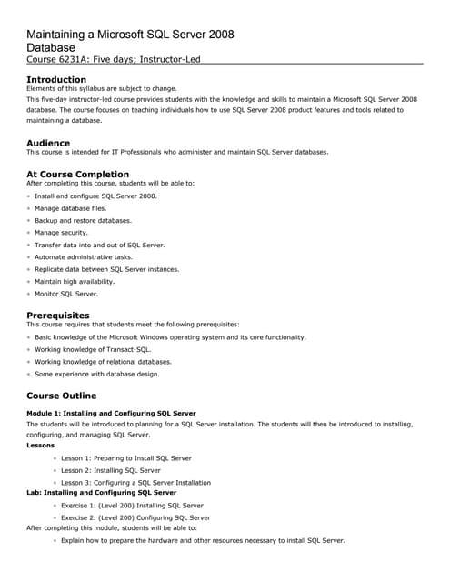 6231 Maintaining A Microsoft Sql Server 2008 Database Pdf