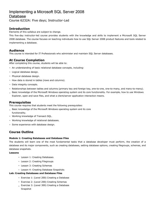 6232 implementing a microsoft sql server 2008 database | DOC 6232 implementing a microsoft sql server 2008 database | DOC