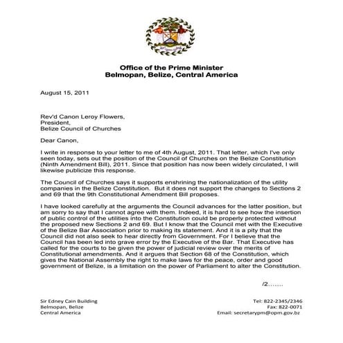 The Prime Minister's Letter to the Belize Council of Churches: Ninth ...