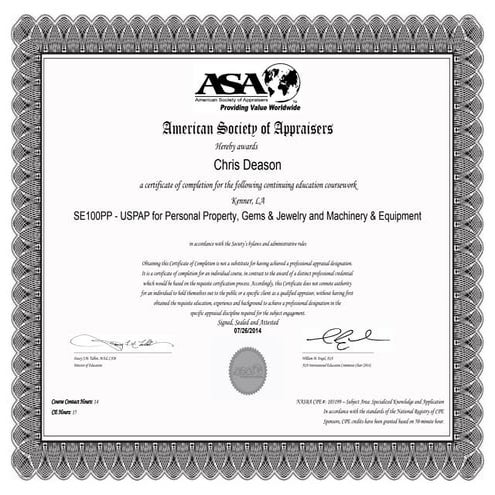 USPAP ASA Course Certificate_Class Registrations_74247 JULY2014 | PDF