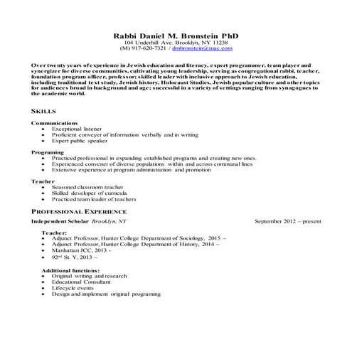 Rabbi Daniel M. Bronstein Resume | DOCX