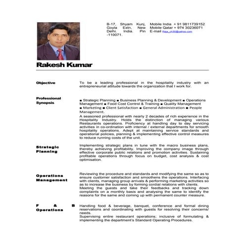 Rakesh Kumar's CV | DOC | Hospitality Industry | Industries