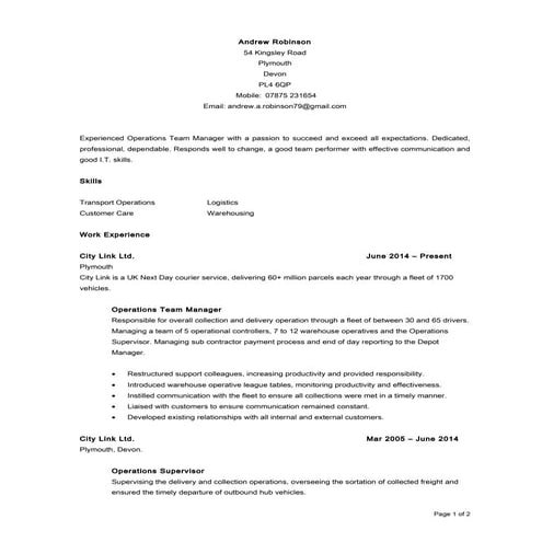 Andy R CV (1) | DOC | Logistics | Business