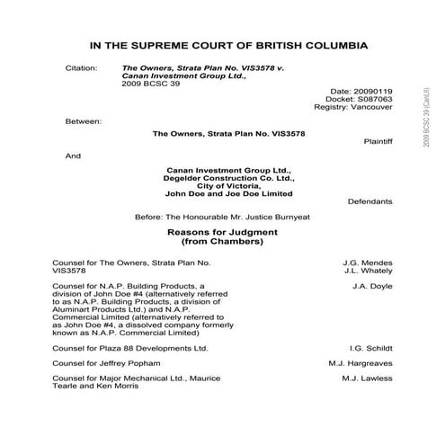 The Owners, Strata Plan No. VIS3578 v. Canan Investment Group Ltd ...