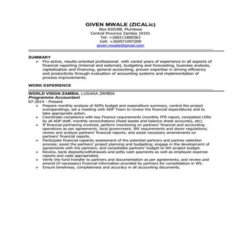 GIVEN MWALE DETAILED CV(RESUME) | PDF