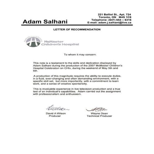 Letter of Recommendation - McMaster Childrens Hospital Celebration | PDF | Technology & Computing