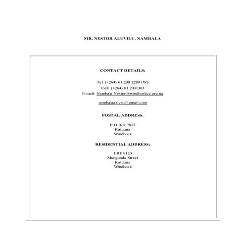 CV for Mr. Nestor Nambala | DOCX