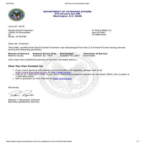 VA Benefit Verification Letter
