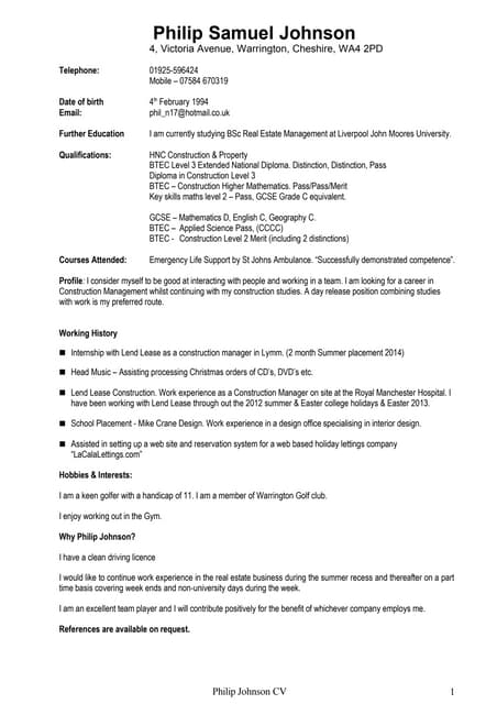CV (applying for general jobs) | DOCX | Secondary Education | Education