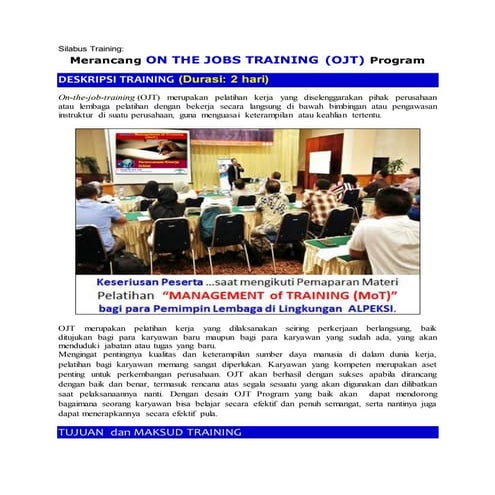 Silabus Training "Merancang ON THE JOBS TRAINING (OJT) Program" | DOCX