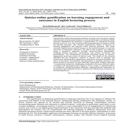 Quizizz-online gamification on learning engagement and outcomes in English lecturing process | PDF