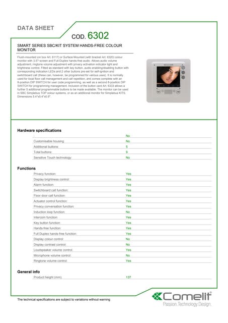 Comelit 6501 Data Sheet | PDF