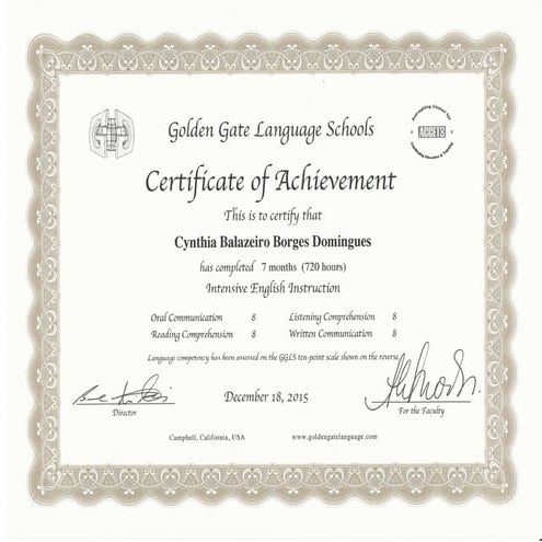 Golden Gate Language Schools Certificate | PDF