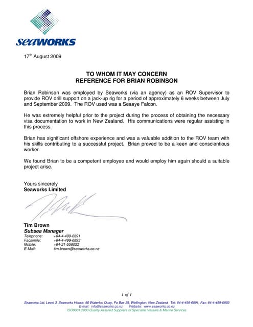 Letter of Reference for Brian Robinson-COOEC Subsea | PDF