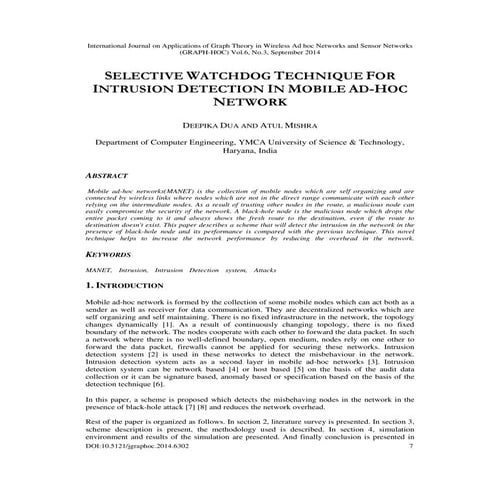 SELECTIVE WATCHDOG TECHNIQUE FOR INTRUSION DETECTION IN MOBILE AD-HOC NETWORK | PDF