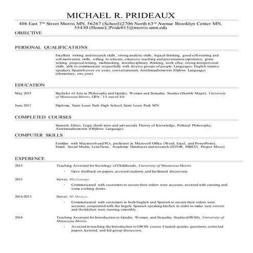 Resume Prideaux Private Sector | DOCX