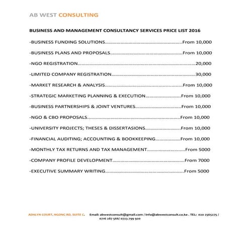 BUSINESS AND MANAGEMENT CONSULTANCY SERVICES PRICE LIST 2016 | DOC
