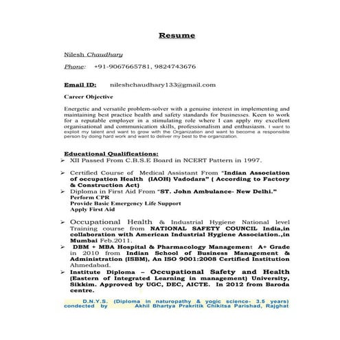 Nilesh Chaudhary Resume | DOC | First Aid | Injuries