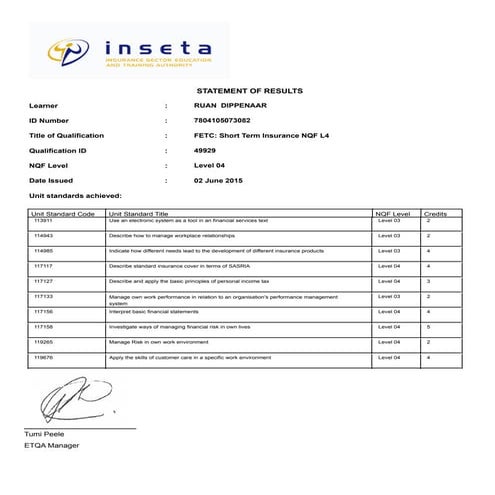 FETC Short Term Insurance NQF L4 - RP Dippenaar | PDF