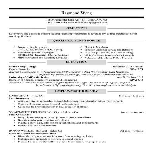 Raymond Wang's Resume | DOC | Programming Languages | Computing