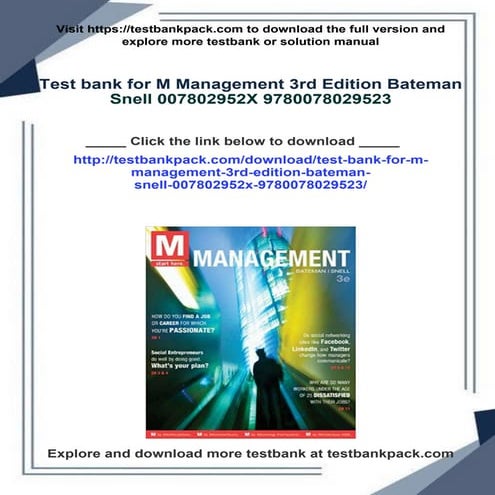 Test bank for M Management 3rd Edition Bateman Snell 007802952X ...