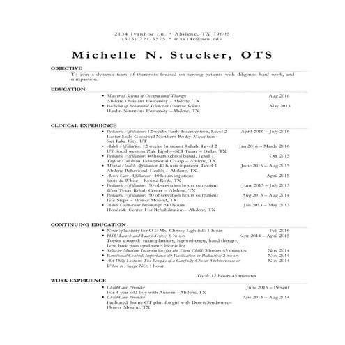 OT Resume | DOCX | Physical Therapy | Wellness