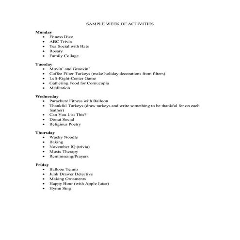 SAMPLE WEEK OF ACTIVITIES | DOC