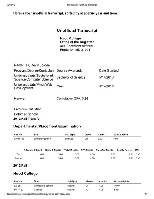 Self-Service - Unofficial Transcript 2015-2016 | PDF