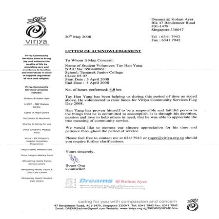 Letter Of Acknowledgement (Viriya Community Services) | PDF
