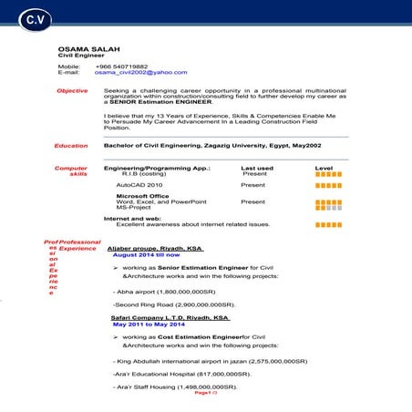 CV Osama Salah Aug 2015 | PDF | Civil Engineering Industry | Industries