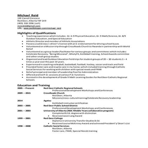 Mike Reid Resume 2016 | PDF