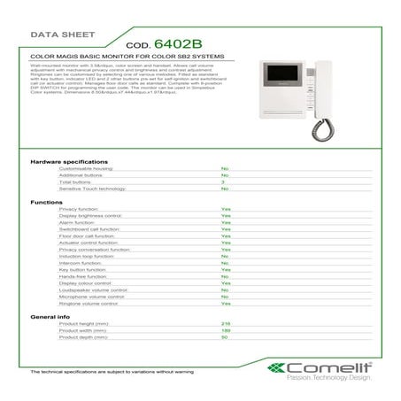 Comelit 6402B Data Sheet | PDF