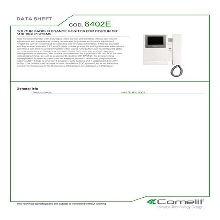 Comelit 6402E Data Sheet | PDF