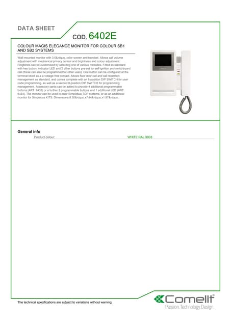 Comelit 6228W Data Sheet | PDF