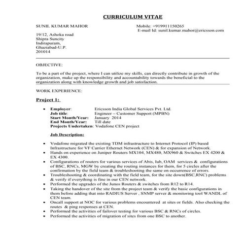 sunil CV _2016 | DOC | Computer Networking | Computing