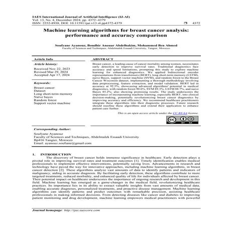 Machine learning algorithms for breast cancer analysis: performance and ...