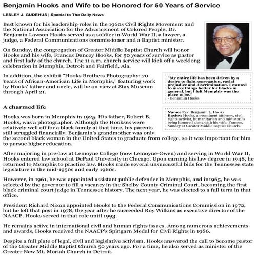 Benjamin Hooks and Wife to be Honored for 50 Years of Service - Memphis ...