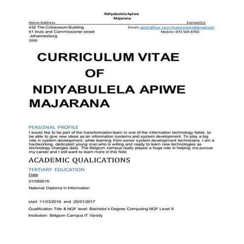 Ndiyabulela Apiwe Majarana_CV | DOCX | Programming Languages | Computing