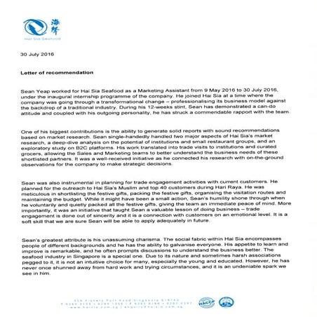 Signed testimonial for Sean Yeap May 2016 to July 2016 | PDF