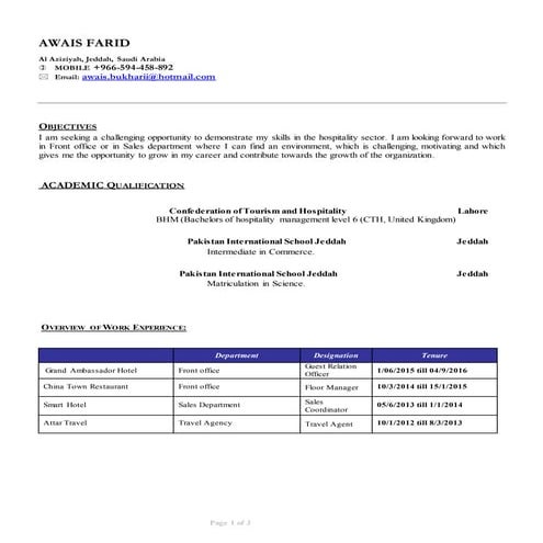 AWAIS FARID - CV | DOCX | Hospitality Industry | Industries