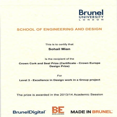 Crown Cork and Seal Prize Certificate | PDF