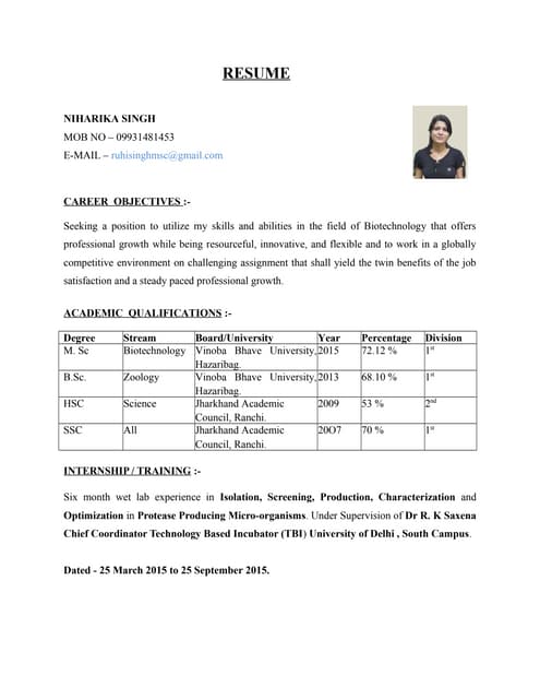 MSc fresher resume | DOC